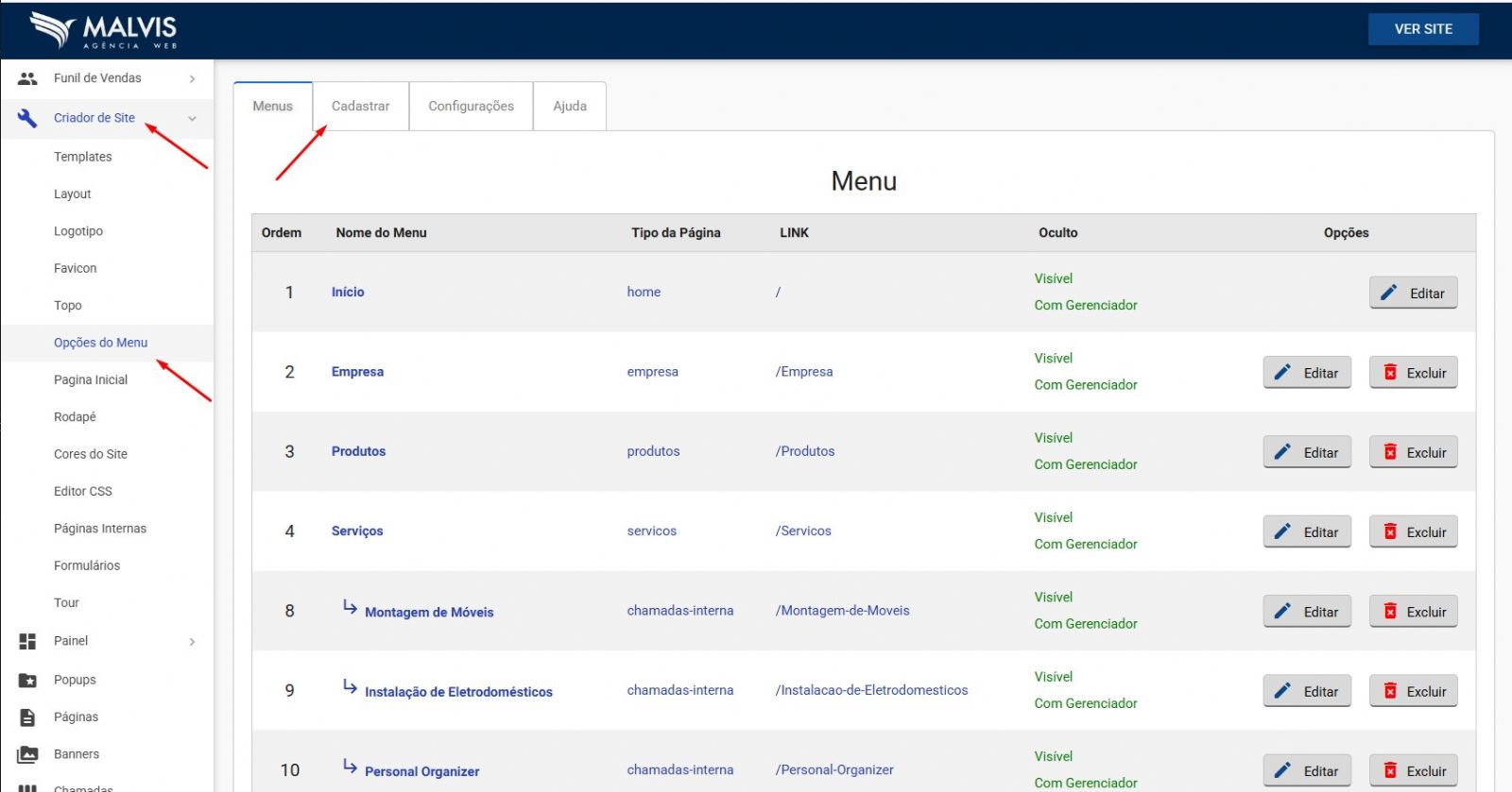 Como incluir novas Opções de Menus no seu Website