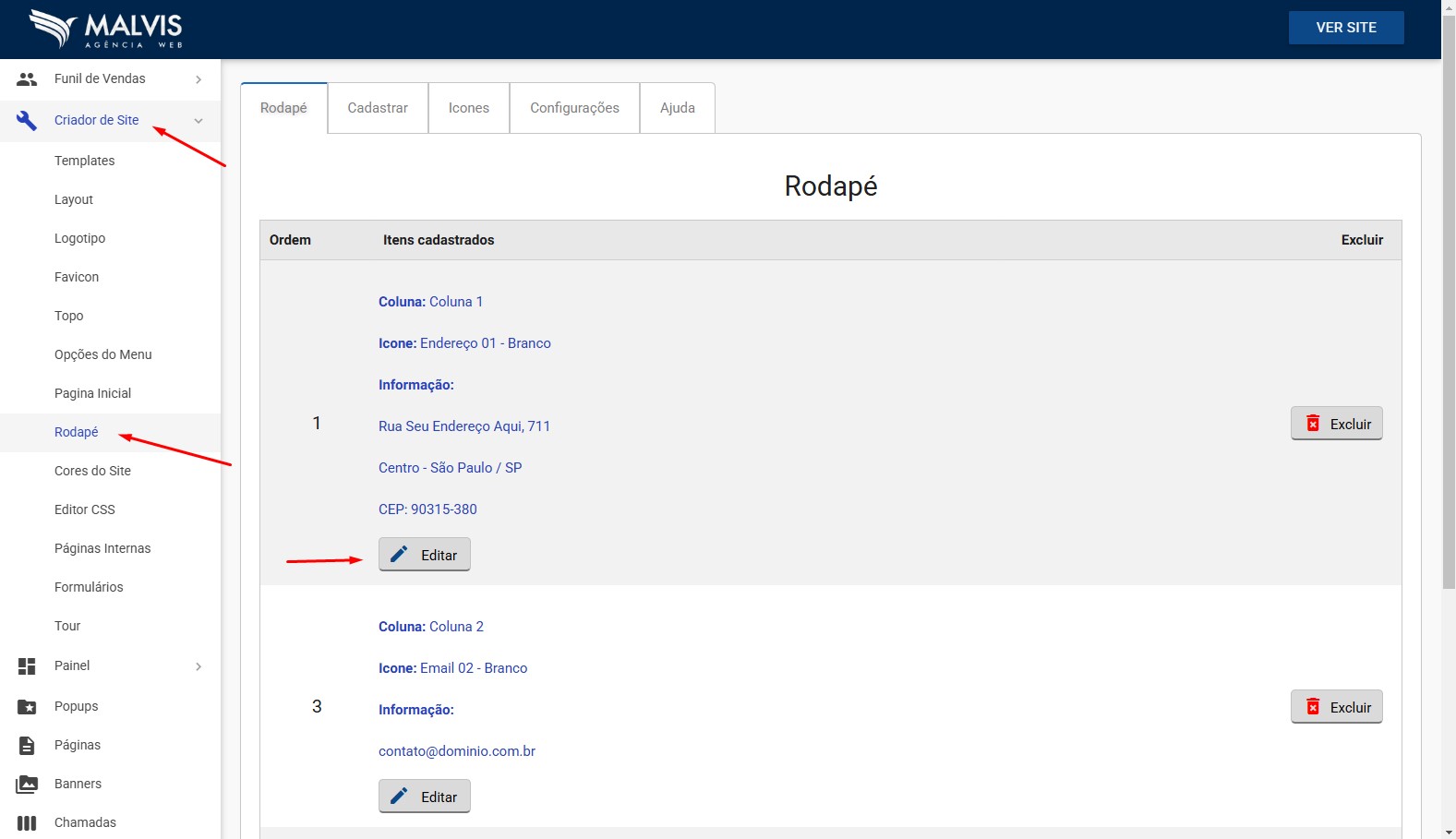 Como editar as informações do Rodapé do seu Website