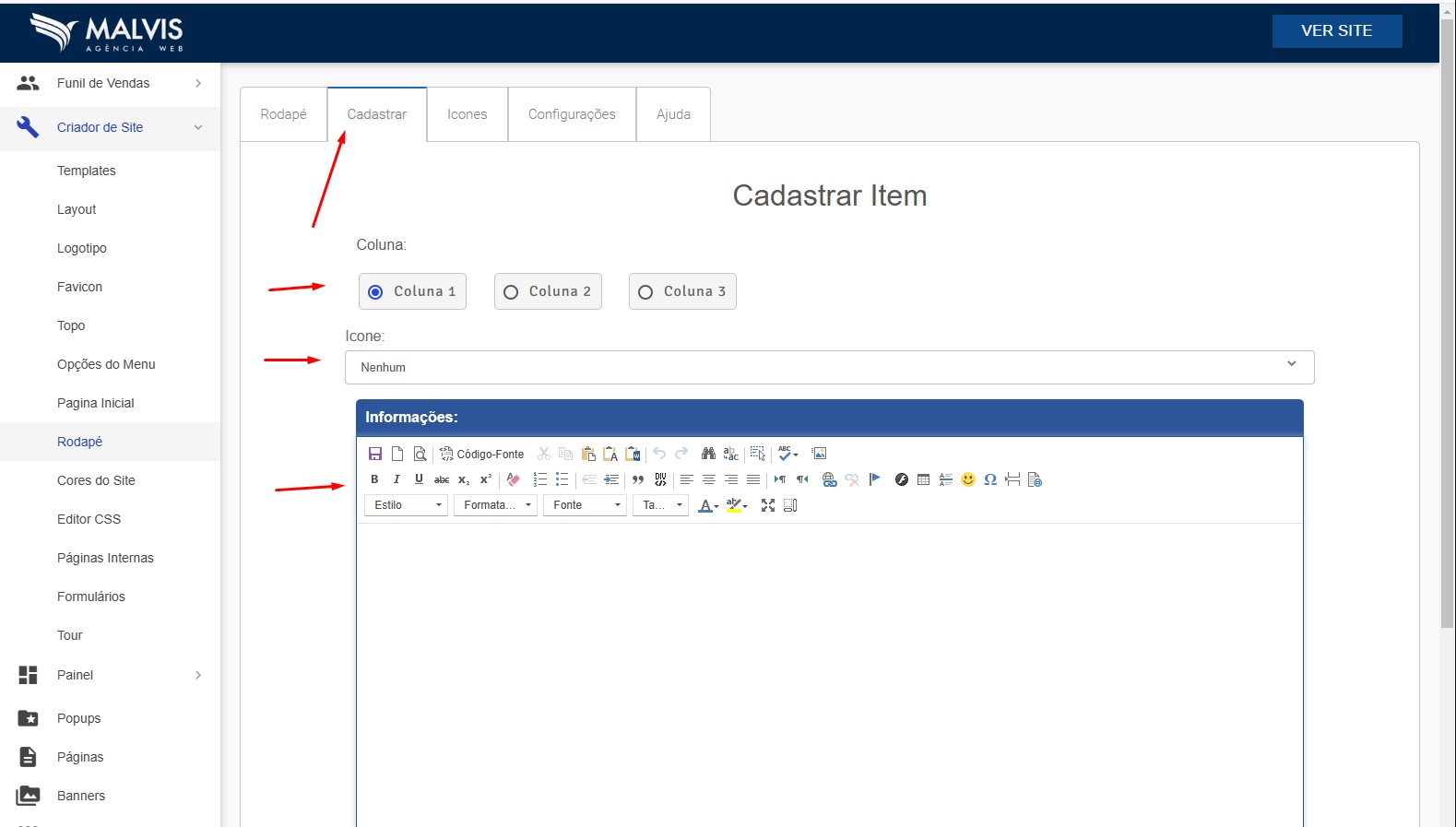 Como editar as informações do Rodapé do seu Website